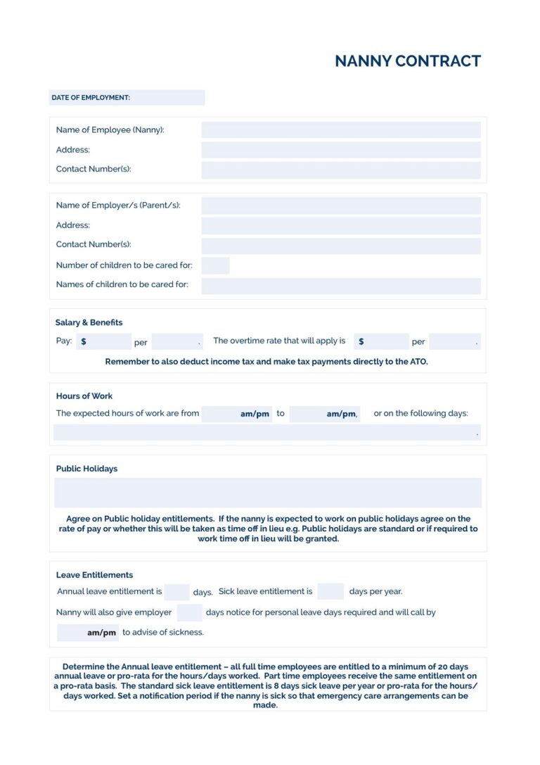 34+ Free Printable Nanny Contract Templates - PDF, Word » American ...