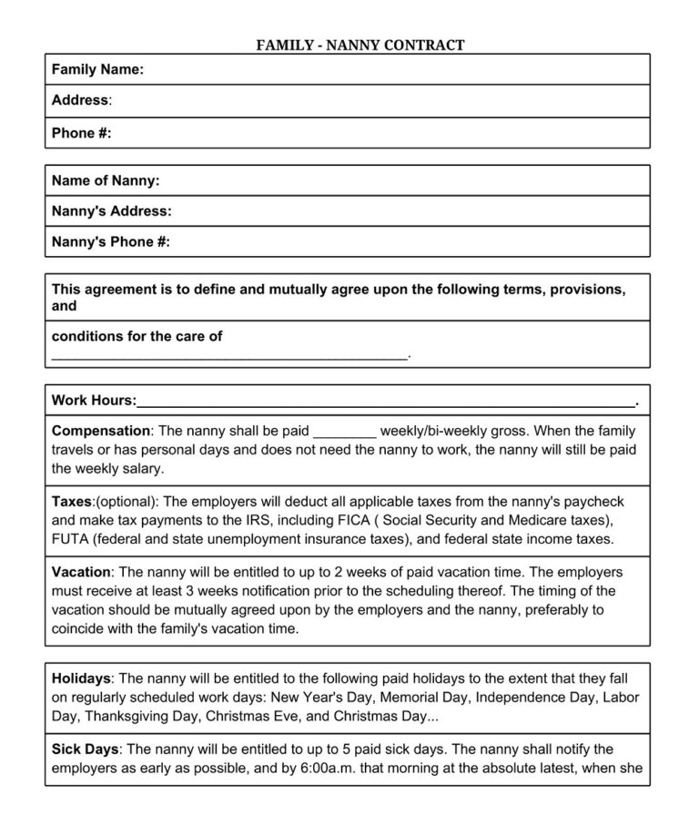 34+ Free Printable Nanny Contract Templates - PDF, Word » American ...