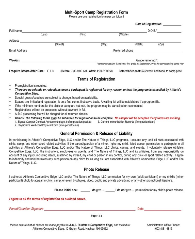 35+ Free Printable Sports Registration Form Templates (PDF) » American ...