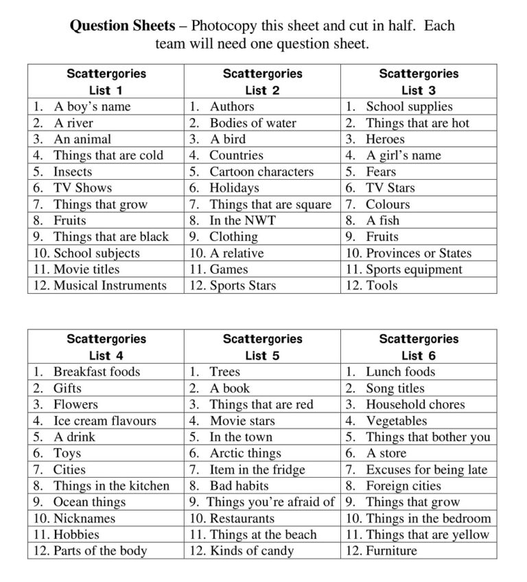 25+ Scattergories Lists - Free Printable PDF (Updated 2023) » American ...