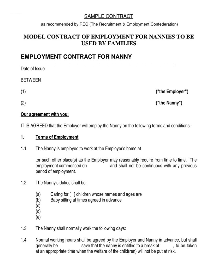 34+ Free Printable Nanny Contract Templates - PDF, Word » American ...