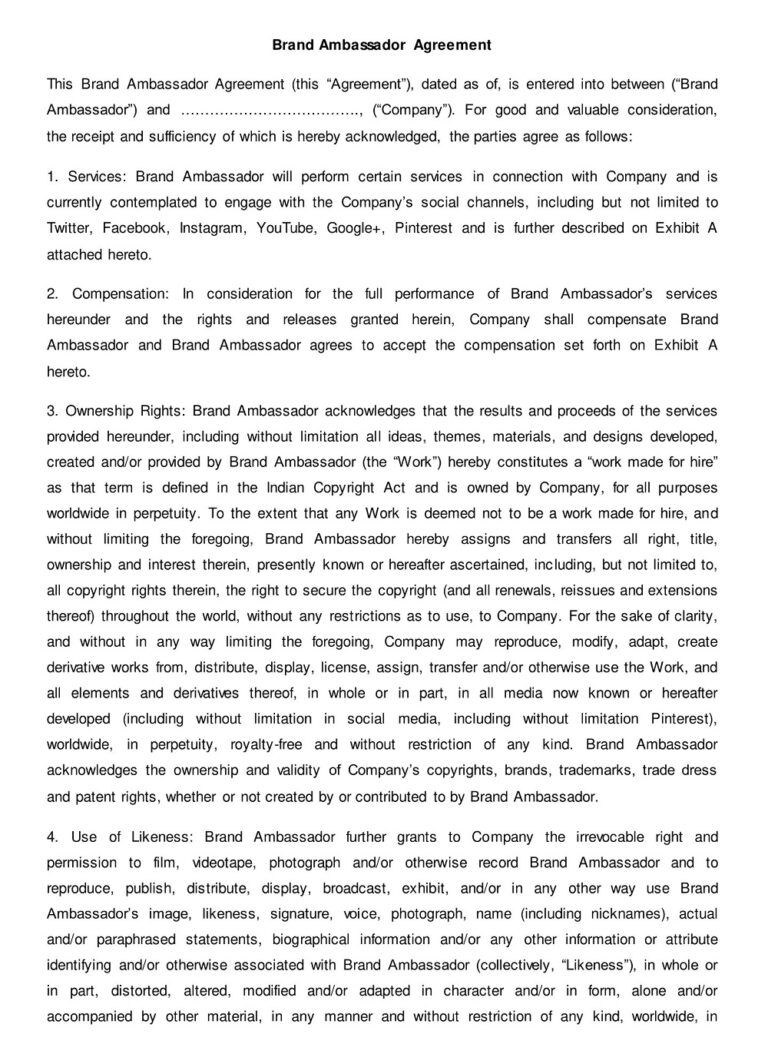 12+ Free Simple Brand Ambassador Agreement Templates (PDF) » American ...