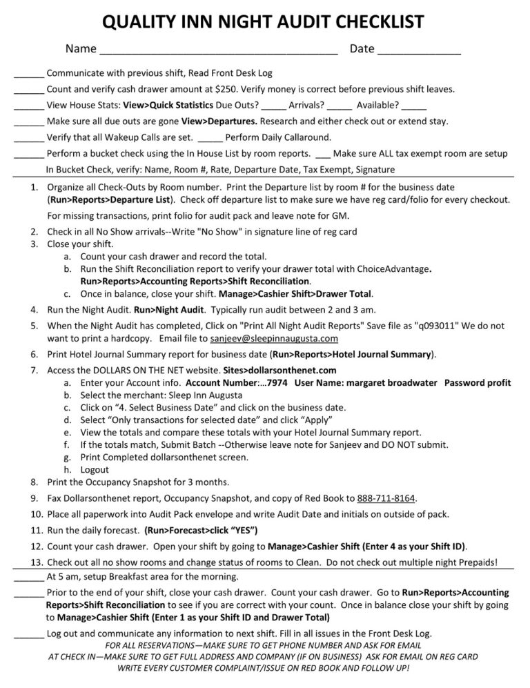 18+ Free Fillable Night Audit Checklist Templates - Printable PDF ...